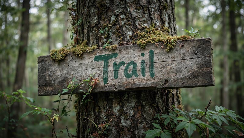 Rustic Wooden Trail Sign in Lush Forest Setting Stock Illustration ...