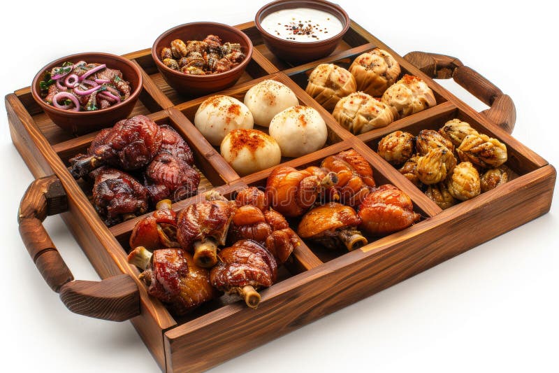 Rustic Wooden Tray with Assorted Bread Rolls and Pastries, Creating a ...