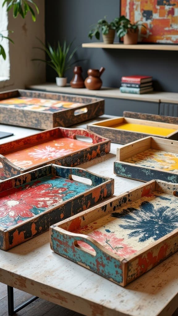Rustic Wooden Trays with Colorful Patterns on a Table in a Cozy Room ...