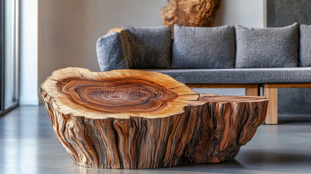 Rustic Wooden Tree Stump Coffee Table Interior Design Stock ...