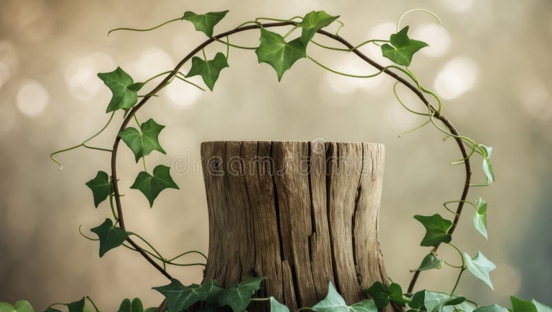 Rustic Wooden Tree Stump Display with Ivy Vine Circle Background Stock ...