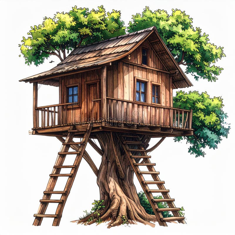 Rustic Wooden Treehouse with Ladders in Lush Green Tree Stock Photo ...