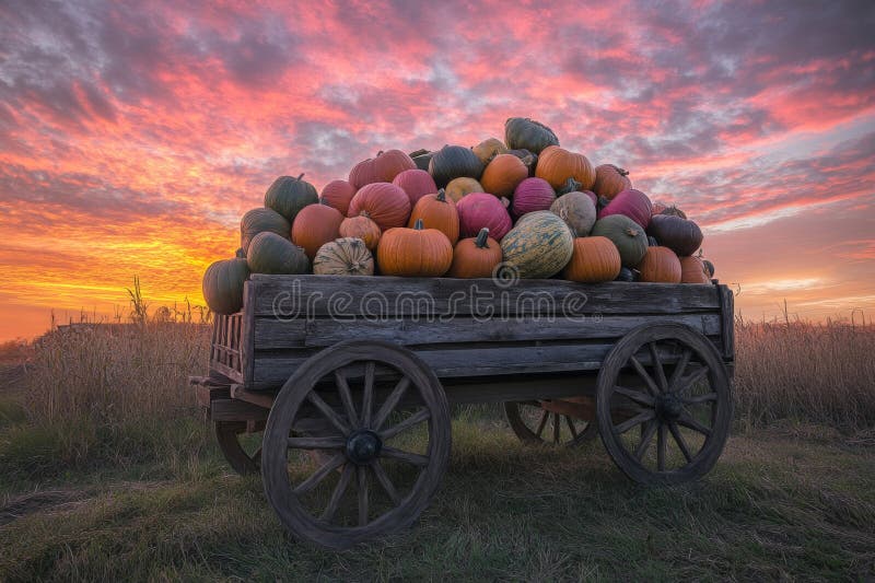 A Rustic Wooden Wagon Overflowing with Pumpkins at Sunset Stock ...
