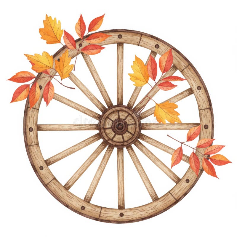 Rustic Wooden Wagon Wheel with Autumn Leaves Stock Illustration - Illustration of fall, yellow ...