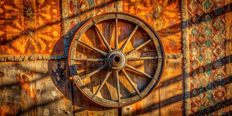Rustic Wooden Wagon Wheel Mounted on a Weathered Wall with Patterned ...