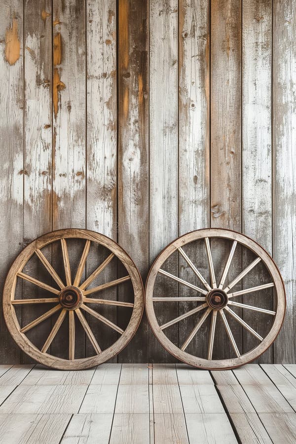 Rustic Wooden Wagon Wheels Against Vintage Wooden Wall Background Stock ...