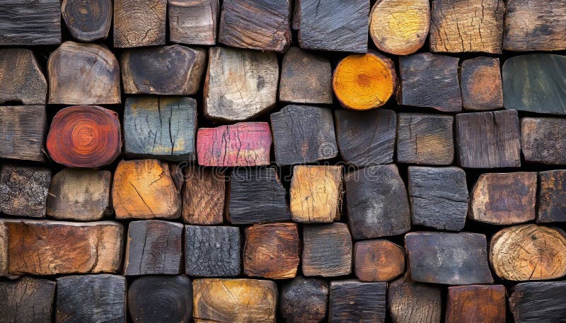 Rustic Wooden Wall Background. Stacked Timber Cut Ends Mosaic Texture ...