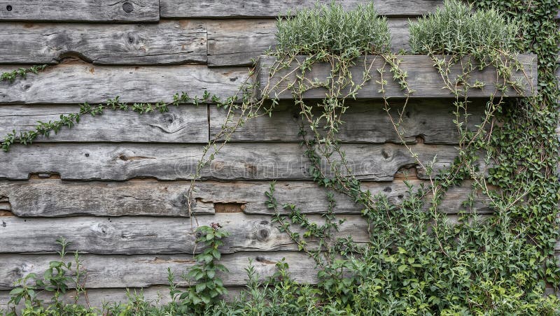 Rustic Wooden Wall with Cascading Rosemary Planters Stock Illustration ...