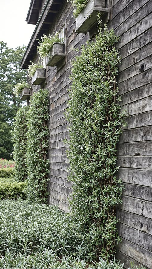 Rustic Wooden Wall with Cascading Rosemary Planters Stock Illustration ...