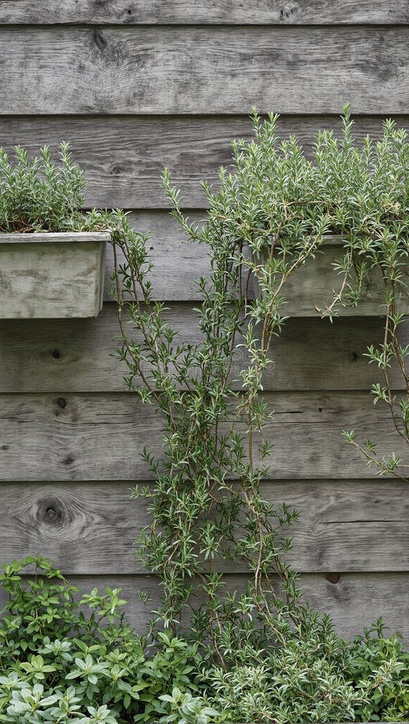 Rustic Wooden Wall with Cascading Rosemary Planters Stock Illustration ...