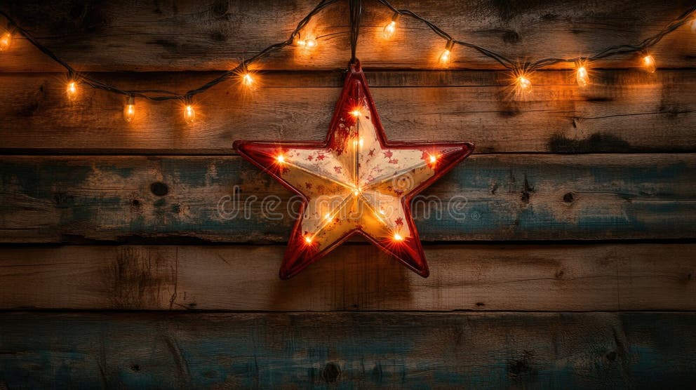 Rustic Wooden Wall with Star-shaped Light Decor and Warm String Lights ...