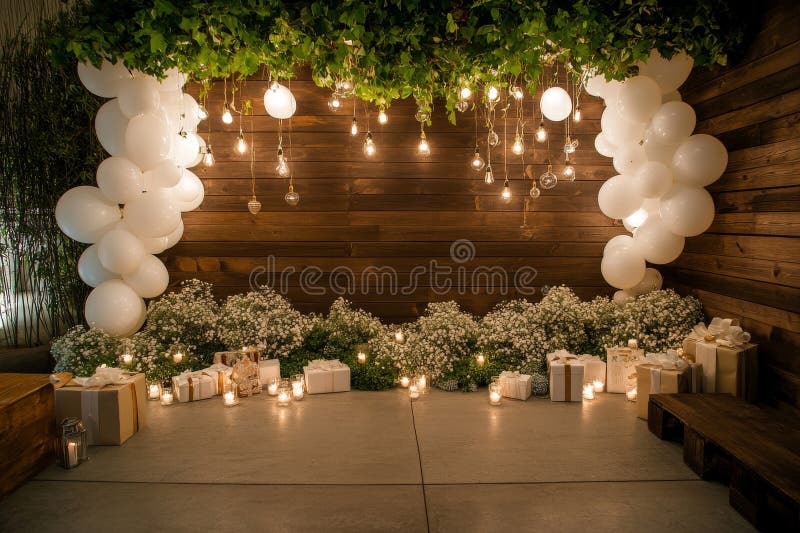 Rustic Wooden Wall and White and Gold Balloons Stock Image - Image of ...