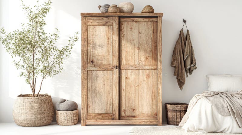 Rustic Wooden Wardrobe in Cozy Minimalist Bedroom with Natural Decor ...