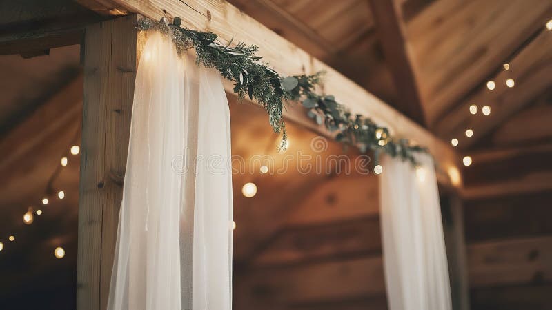 Rustic Wooden Wedding Arch with Drapes and String Lights in Cozy Setting Stock Image - Image of ...
