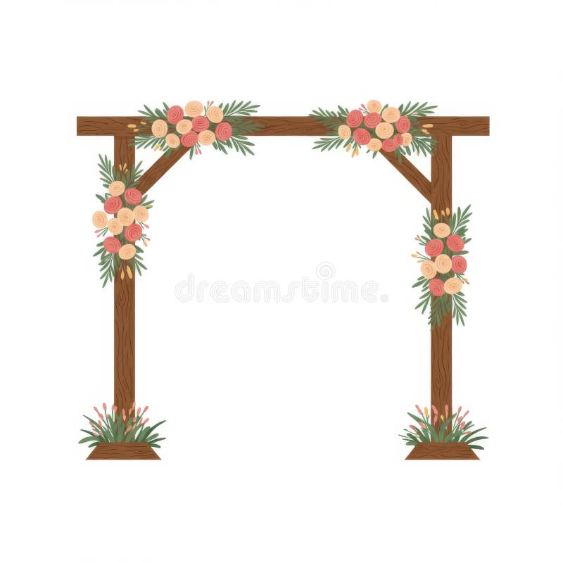 Rustic Wooden Wedding Arch with Peach and Pink Roses Stock Illustration ...