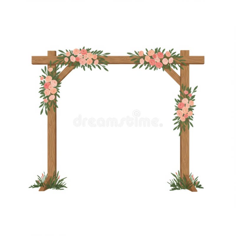 Rustic Wooden Wedding Arch with Pink Roses and Greenery Stock ...