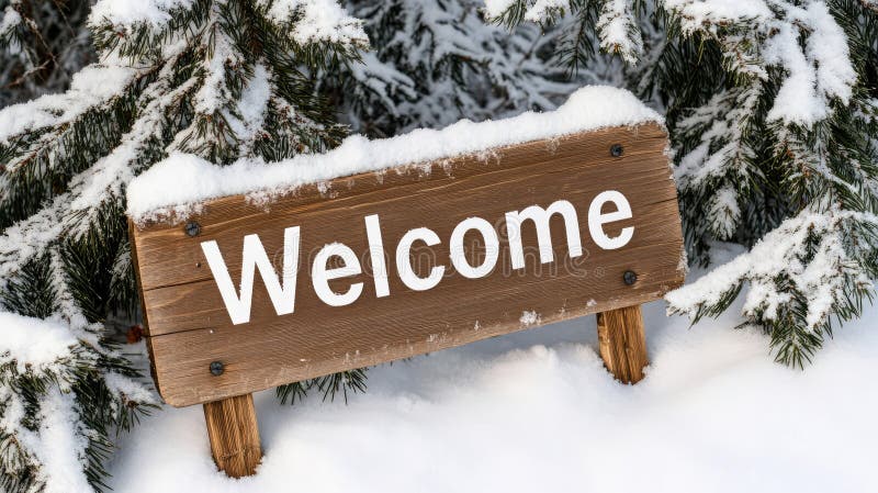 A Rustic Wooden Welcome Sign is Gently Covered in Snow, Surrounded by ...