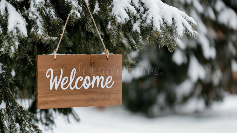 A Rustic Wooden Welcome Sign is Gently Covered in Snow, Surrounded by ...