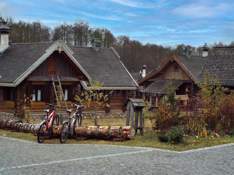 Rustic Wooden Well-kept Houses. and the Original Bicycle Parking Stock ...