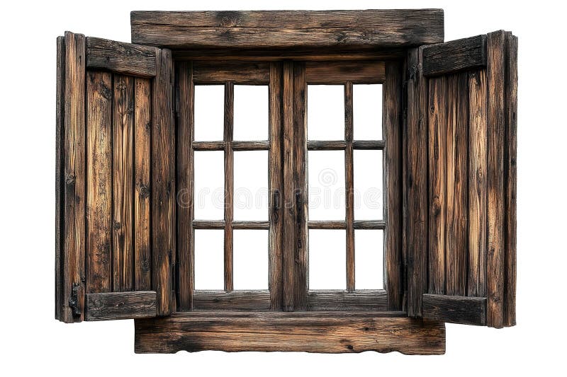 Rustic Wooden Window Frame, Aged Texture, Open Shutters, Isolated on ...