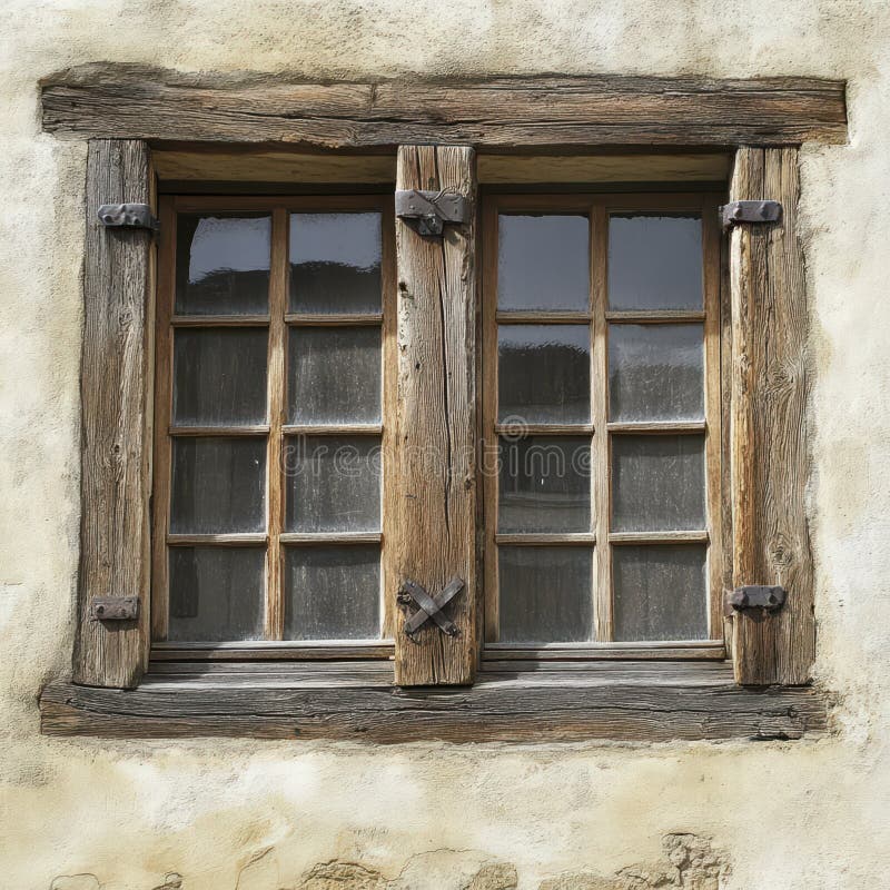 Rustic Wooden Window Frames on a Weathered Stone Wall in Daylight Stock ...