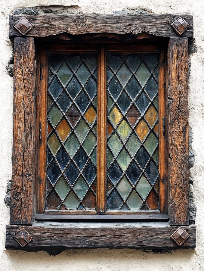 Rustic Wooden Window with Leaded Glass and Diamond Patterned Panes ...