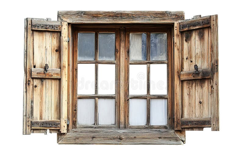 Rustic Wooden Window with Open Shutters Isolated on White Backdrop, Old ...