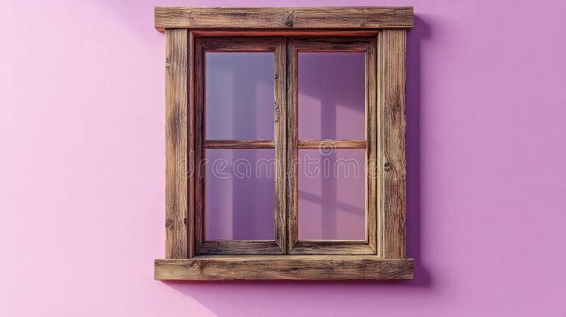 Rustic Wooden Window on a Pink Wall with Reflections. Stock Image ...