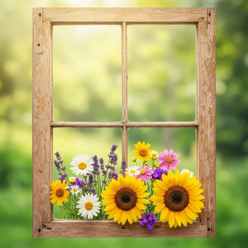 Rustic Wooden Window with Summer Flowers Stock Image - Image of fresh ...