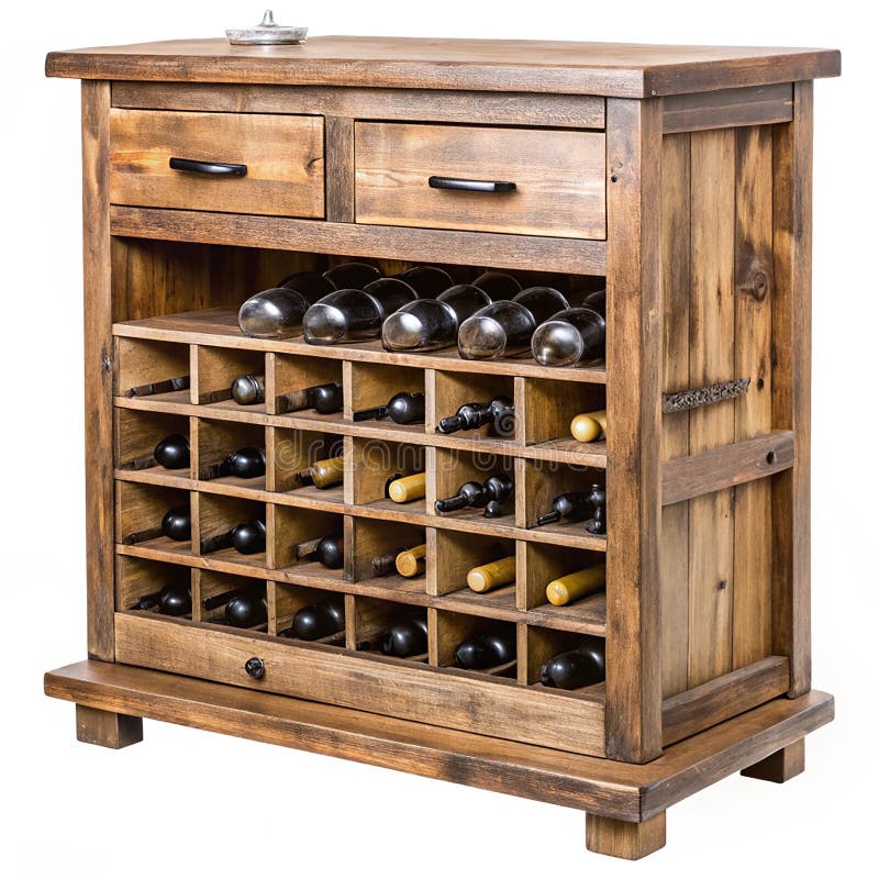 Rustic Wooden Wine Rack with Glass Holders and Drawers Stock ...