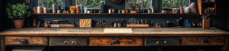 A Rustic Wooden Workbench Filled with Tools Threads and a Plant for ...
