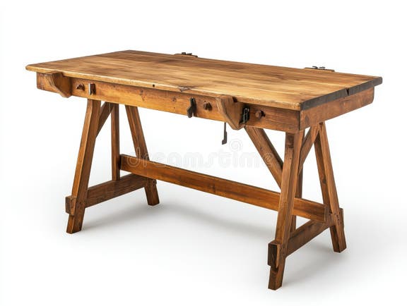 Rustic Light Brown Wooden Workbench on White Background Stock ...