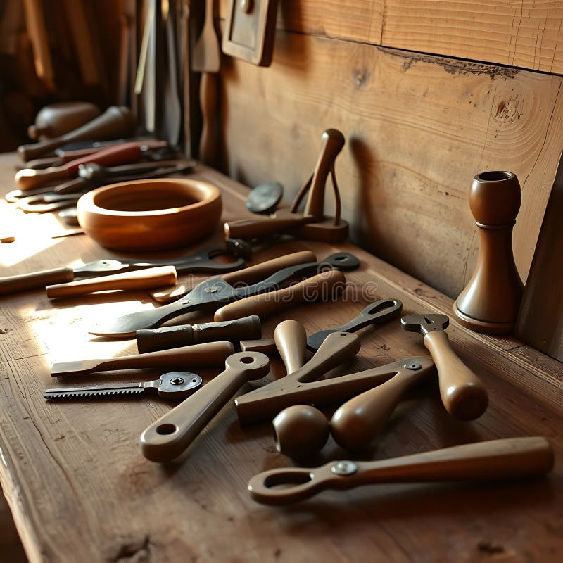 A Rustic Wooden Workbench with a Neatly Arranged Set of Vintage Hand ...