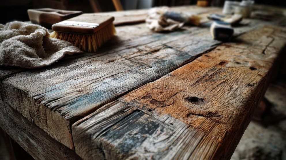 Rustic Wooden Workbench Scene with Tools and Cleaning Brushes in a ...