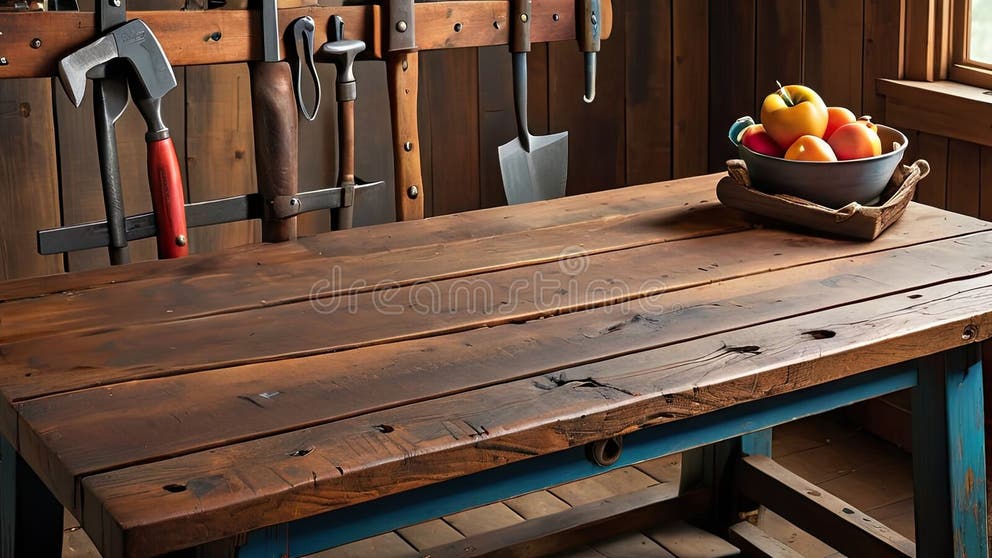 Rustic Wooden Workbench with Tools and Apples. Stock Illustration ...