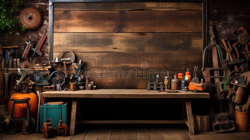 Rustic Wooden Workbench with Tools and Copy Space in a Workshop Setting ...