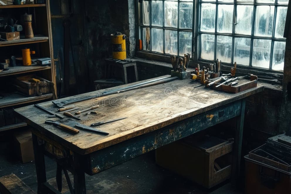Rustic Wooden Workbench with Worn Tools and Natural Light in a Workshop ...
