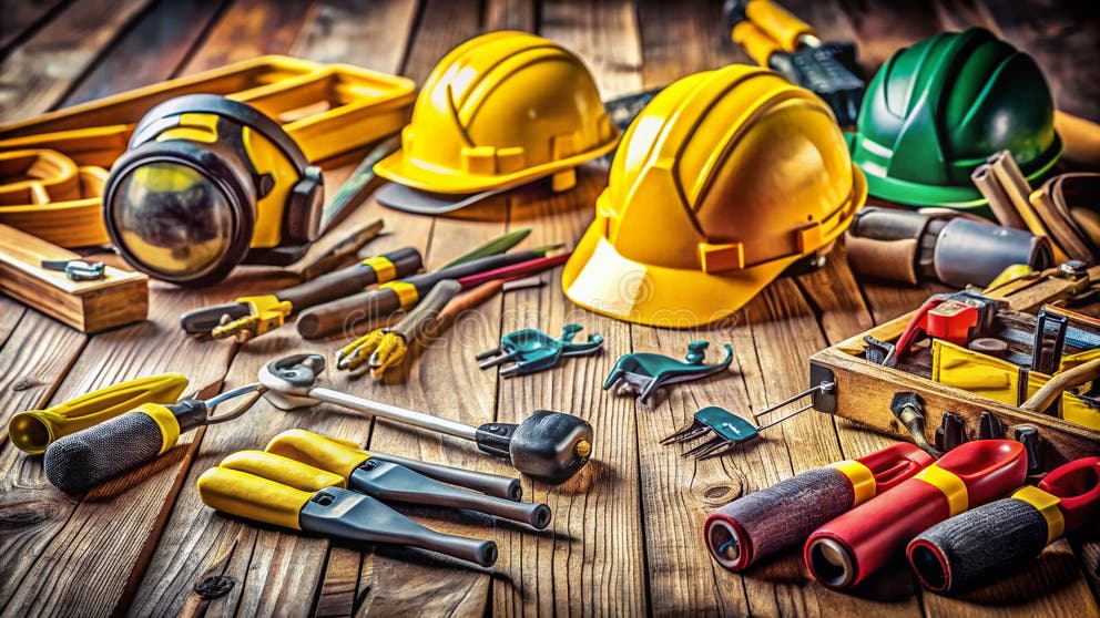 Rustic Wooden Workshop Table Displaying Organized Construction Tools ...