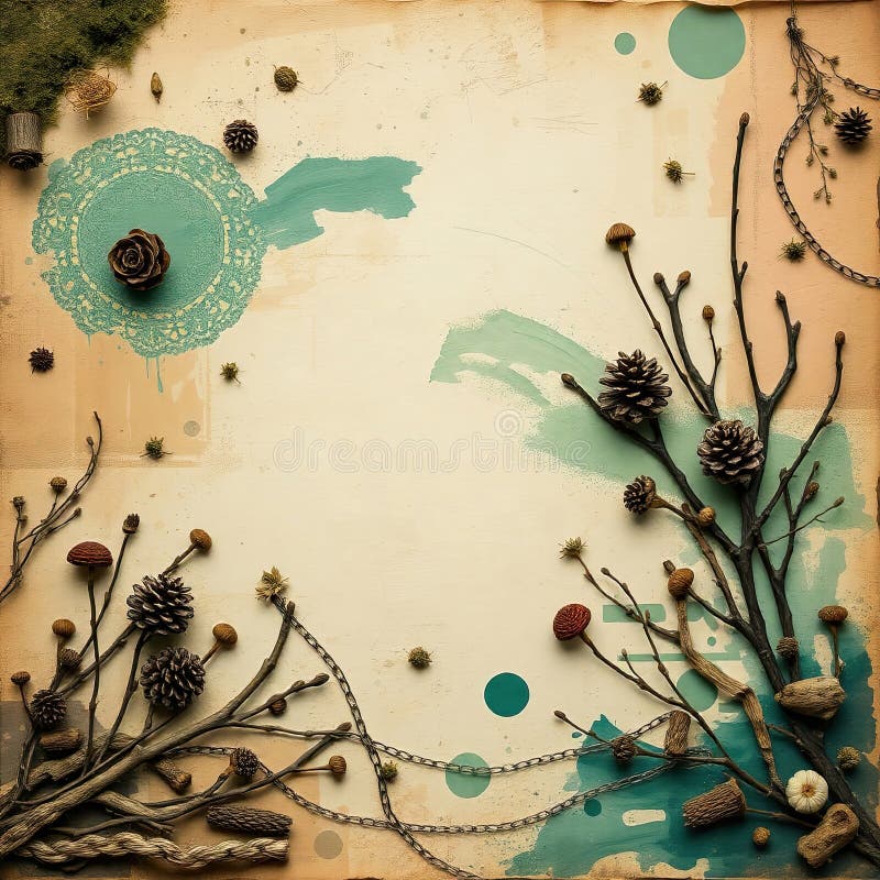 Rustic Woodland Background Featuring Leaves, Twigs, and Handmade Mixed ...