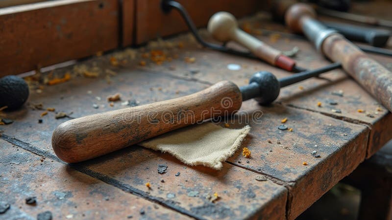 Rustic Woodwork Tools on Wooden Workbench with Chisel and Mallet Stock ...