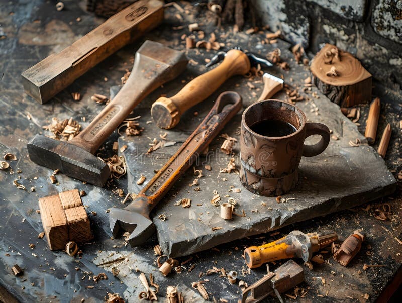 Rustic Woodworking Flatlay with Carpenter S Tools and Coffee Mug on ...