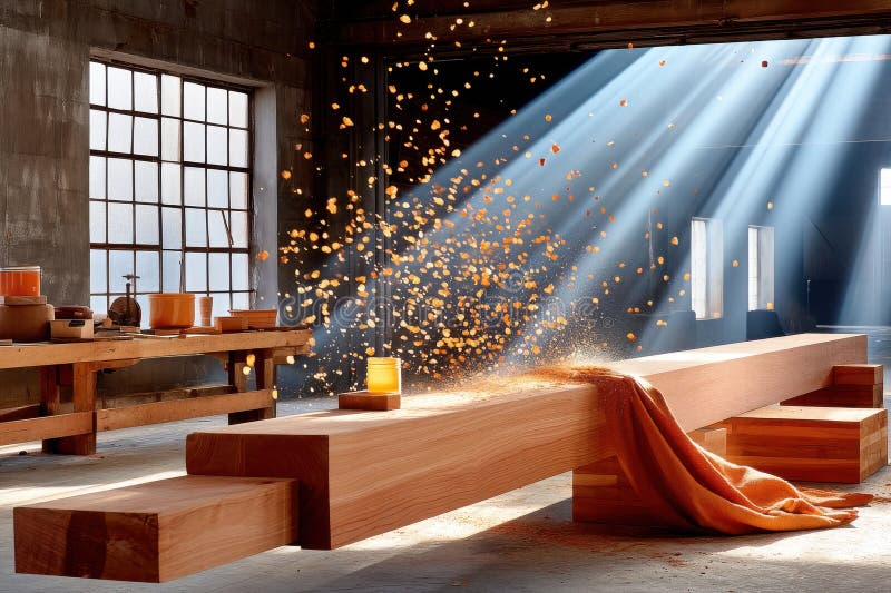 Rustic Woodworking Space Illuminated by Natural Sunlight with Floating ...