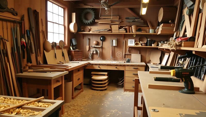 Rustic Woodworking Workshop Interior, Showcasing Tools and ...