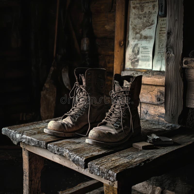 Rustic Work Boots on Weathered Wooden Table in Dimly Lit Cabin Stock ...