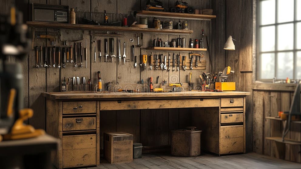 Rustic Workbench in a Garage with Tools and Hardware Organized for Stock Image - Image of park ...