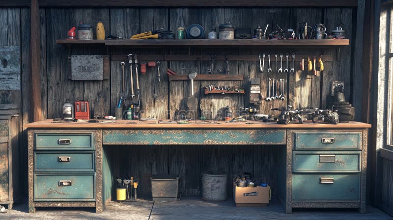 Rustic Workbench in a Garage with Tools and Hardware Organized for ...