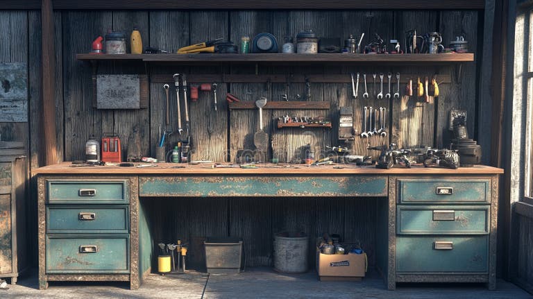 Rustic Workbench in a Garage with Tools and Hardware Organized for Stock Image - Image of ...