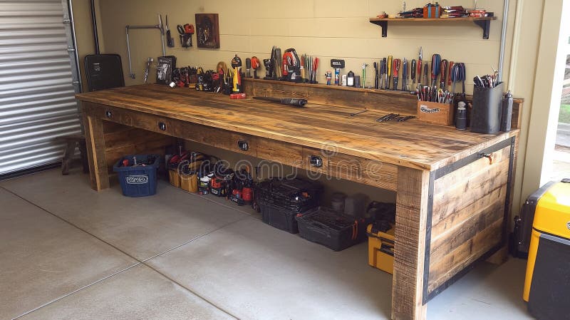 Rustic Workbench in a Garage with Tools and Hardware Organized for ...