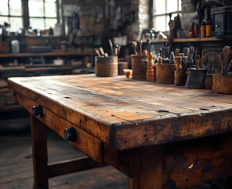 Rustic Workbench with Tools in an Old Workshop Stock Illustration ...