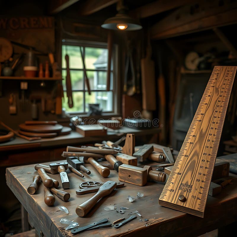 A Rustic Workbench with a Variety of Hand Tools and a Large Wooden ...